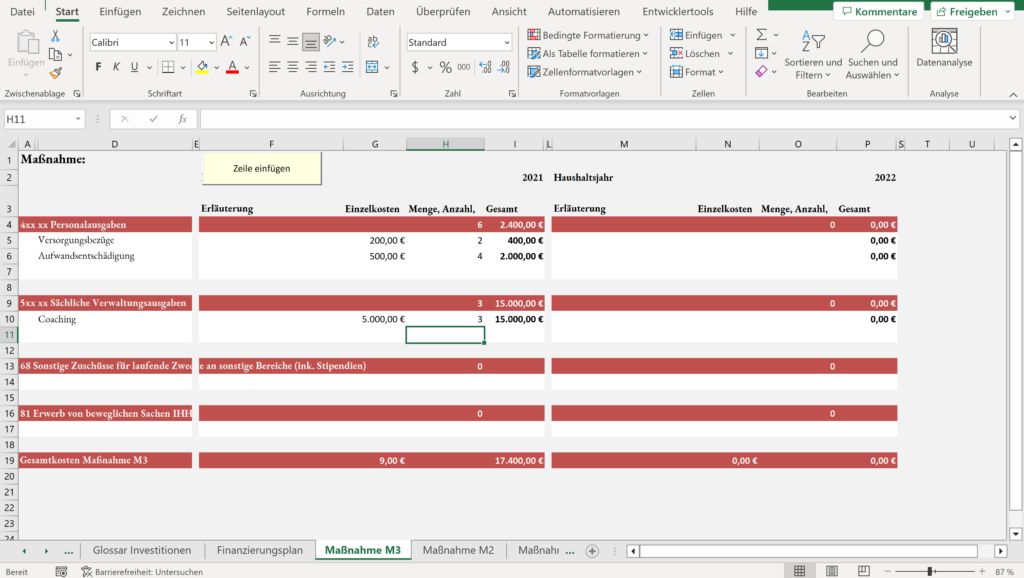 Kostenberechnung auf Excel-Basis